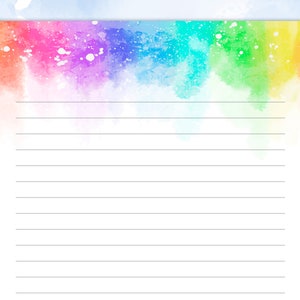 Printable Stationery Lined Paper With Watercolor Rainbow Background ...
