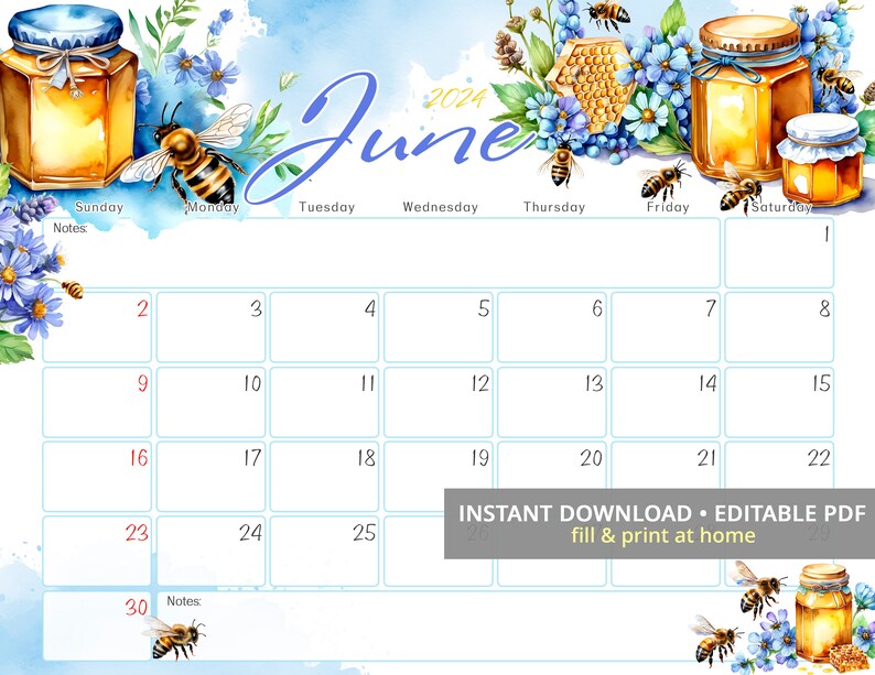 Editable June 2024 Calendar With Bees, Honey Pot and Flowers, Wall ...