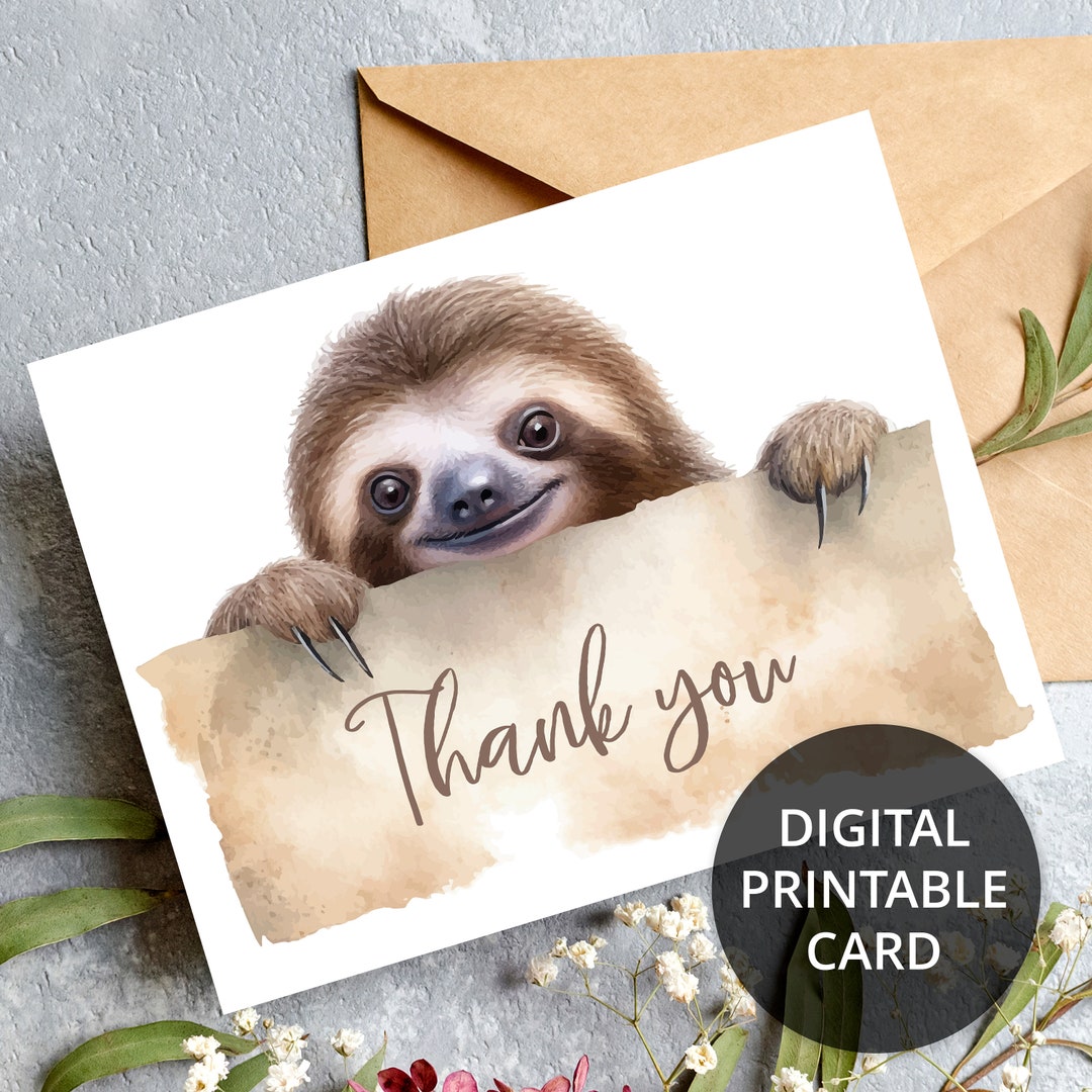 Animal Thank You Card Printable With Cute Sloth, Thank You Note ...