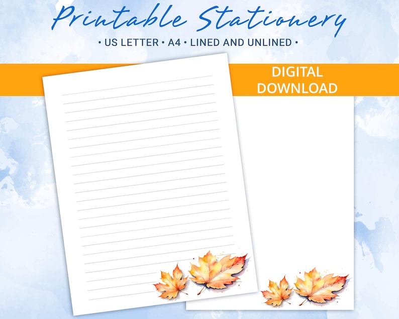 Printable Stationery Lined Paper, Letter Writing Paper With Fall Maple ...