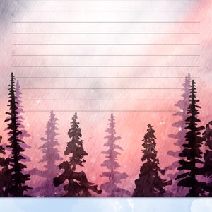Printable Stationery Lined Paper With Watercolor Snowy Hills and Pine ...