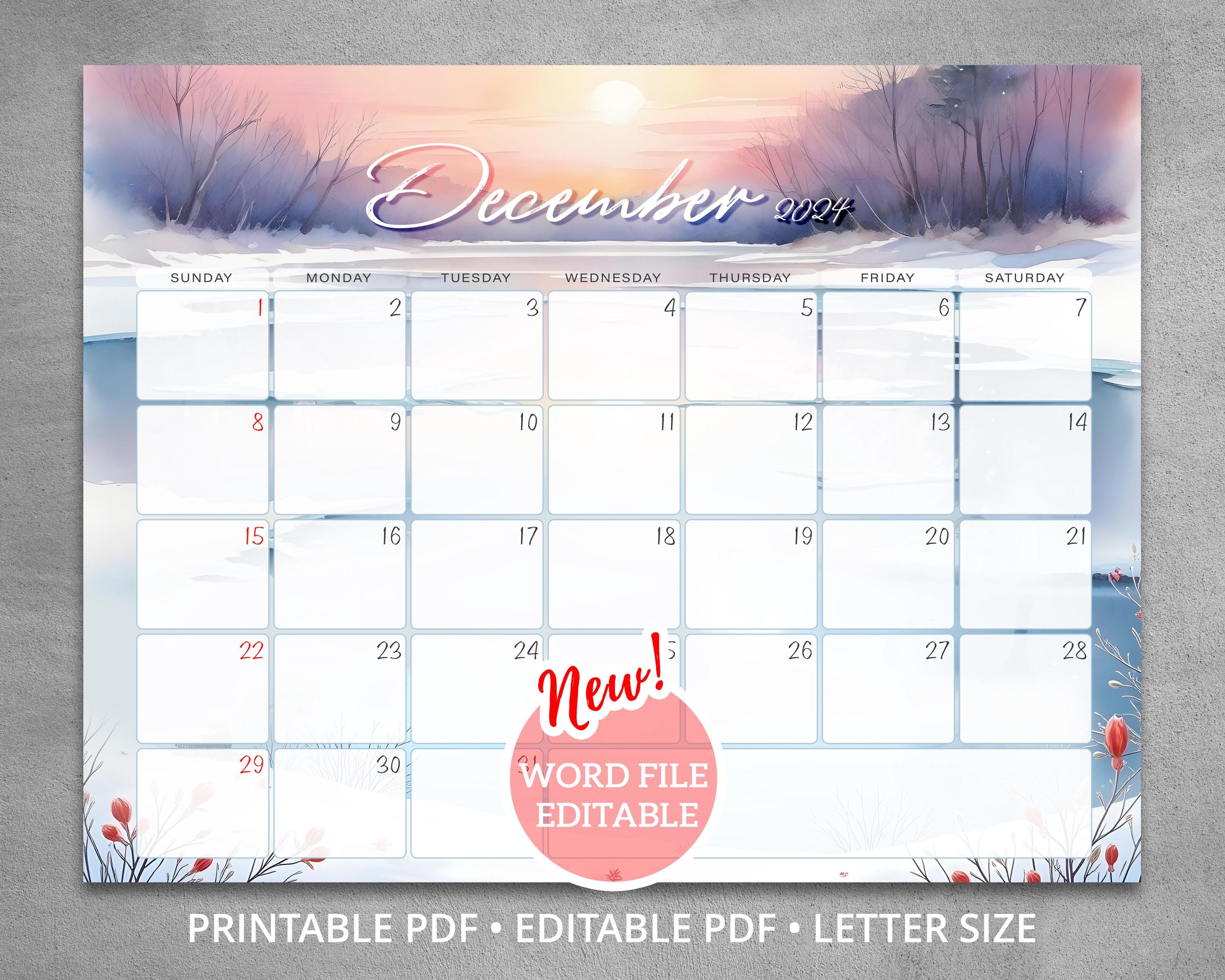 Editable December 2024 Calendar, Wall Calendar With Winter Landscape ...