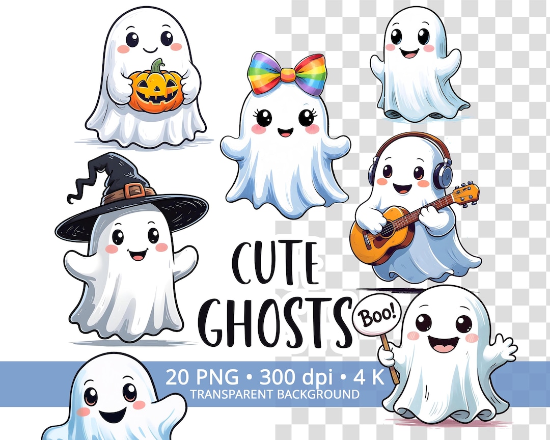 Cute Ghost Clipart Bundle - 20 PNG Halloween Graphics, Kawaii Ghosts ...