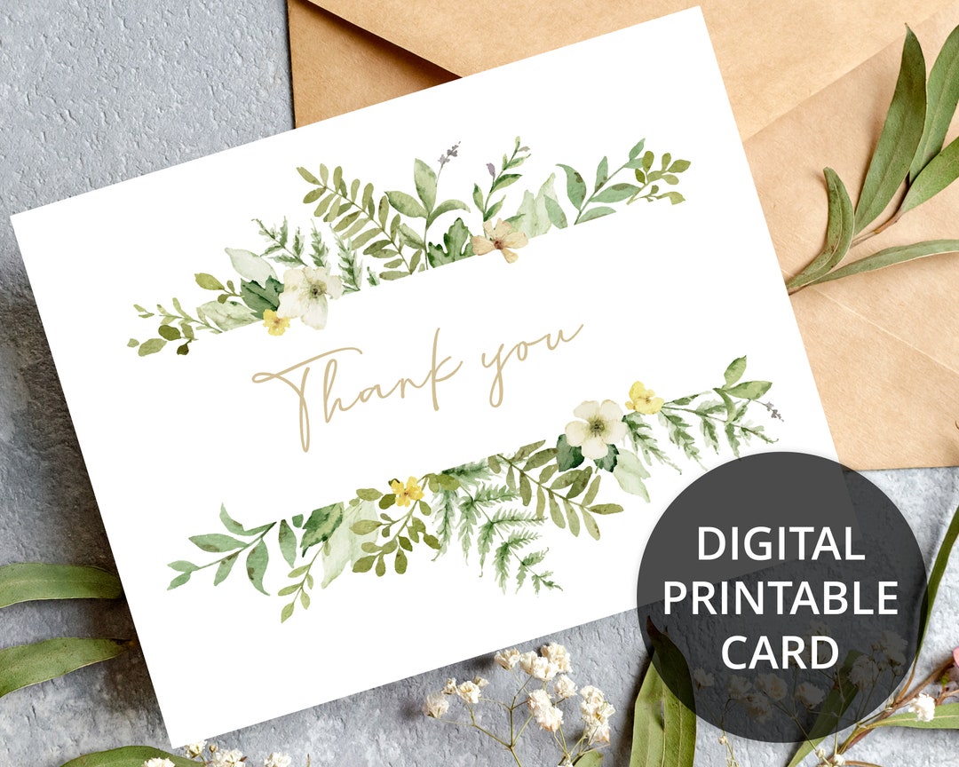 Floral Thank You Card Printable With Green Forest Foliage and Flowers ...