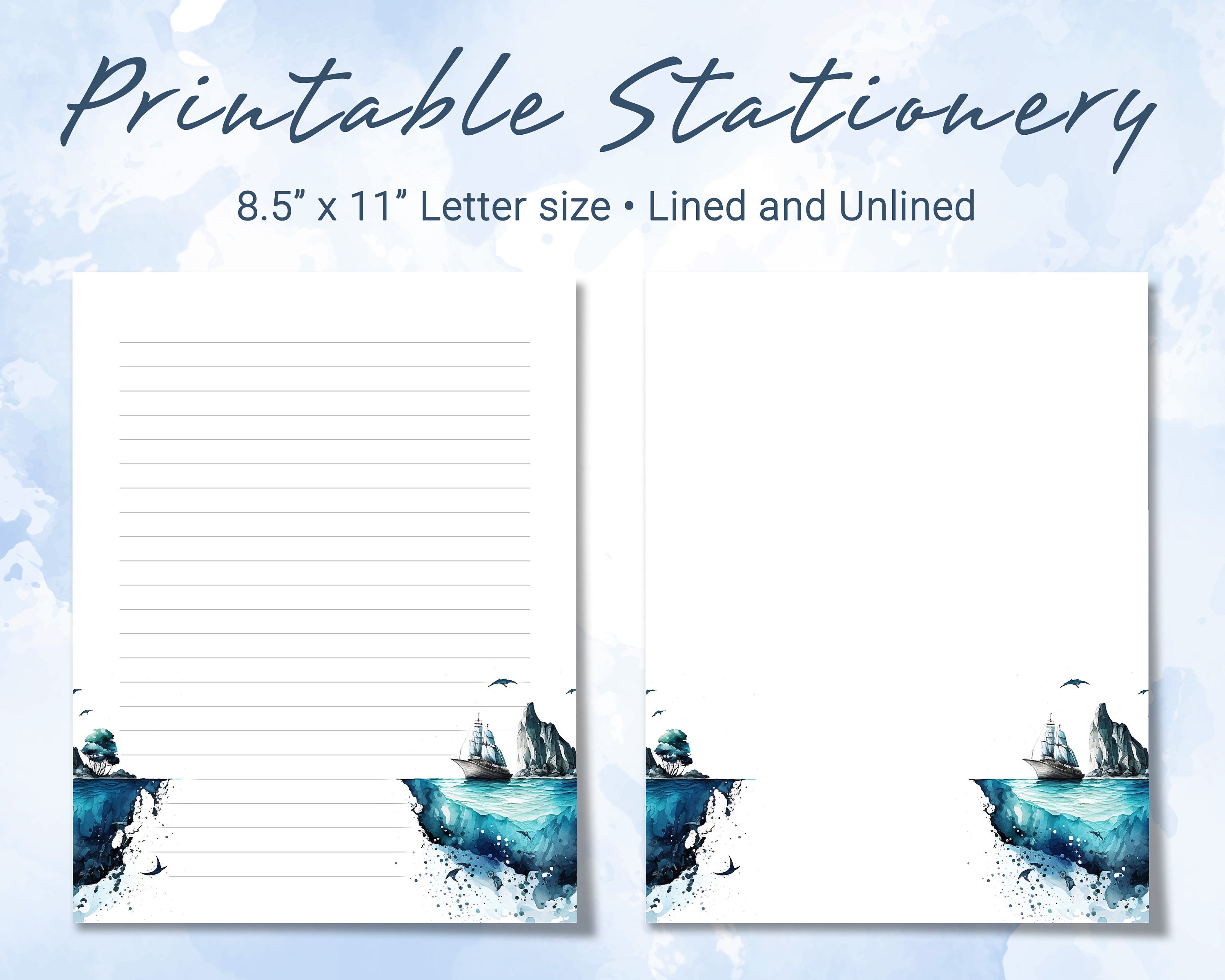 Printable Stationery Lined Paper With Sea Illustration, Printable ...