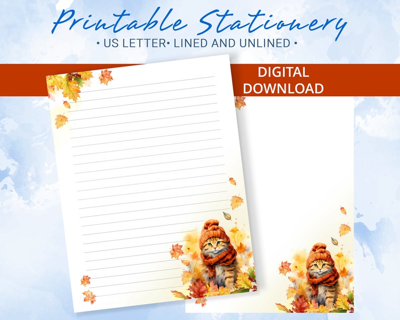 Autumn Printable Stationery, Printable Writing Paper With Cute Cat in ...
