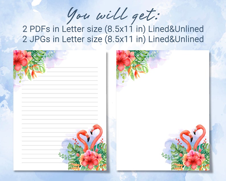Floral Printable Stationery Lined Paper, Watercolor Flamingos Bouquet ...