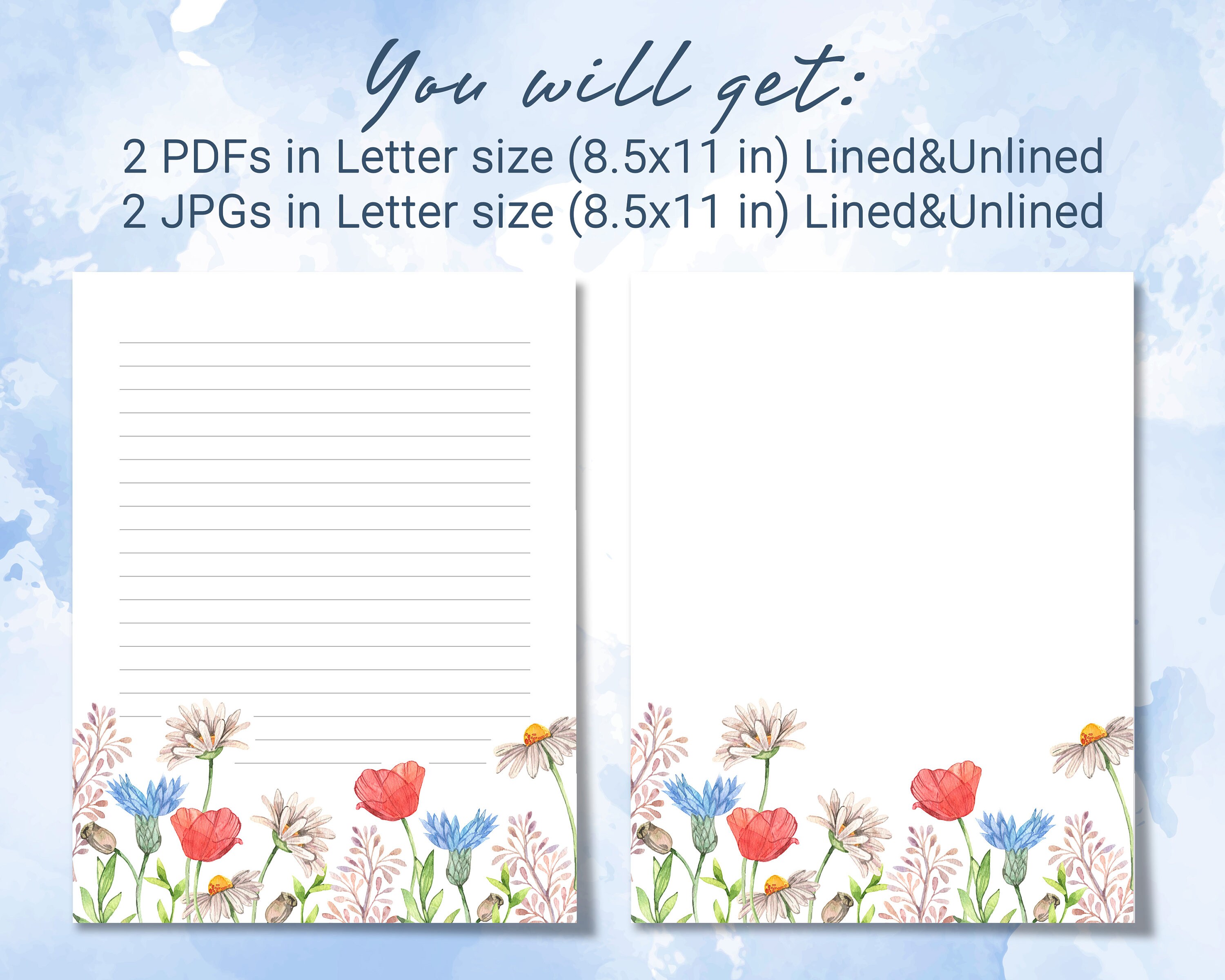 Floral Printable Stationery Lined Paper, Watercolor Wildflowers ...