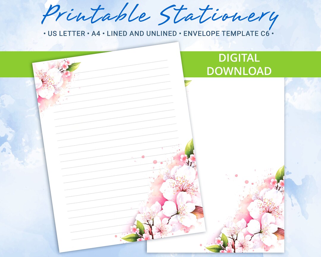 Printable Stationery With Cherry Blossom Flowers and Branches, A4 & US ...