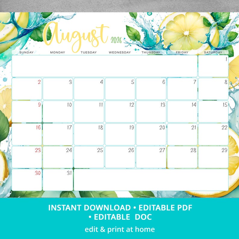 August 2026 Monthly Calendar, Lemon Watercolor Printable Planner ...
