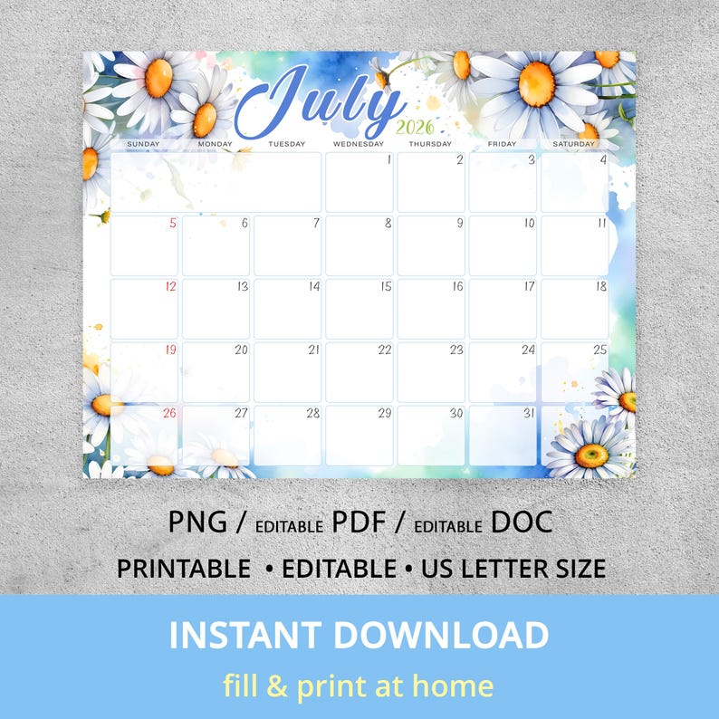 Uly 2026 Monthly Calendar, Floral Daisy Printable Planner, Editable PDF ...