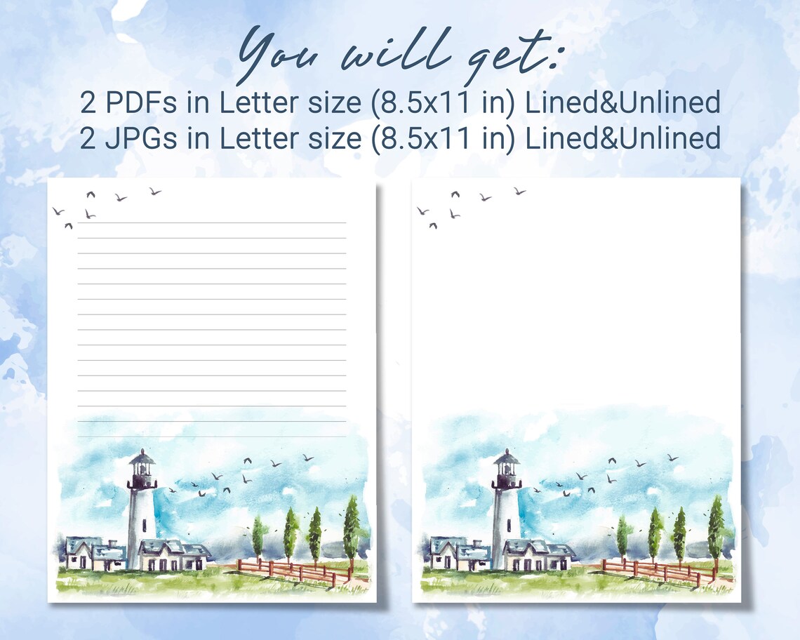 Printable Stationery Lined Paper With Watercolor Nature Landscape With ...