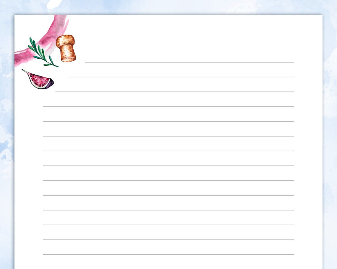 Printable Stationery Lined Paper With Wine, Grapes and Cheese ...