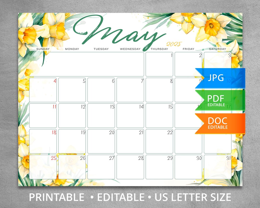 Editable May 2025 Calendar, Floral Wall Calendar 2025 With Daffodils ...