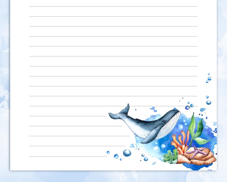 Printable Stationery Lined Paper With Watercolor World Oceans ...