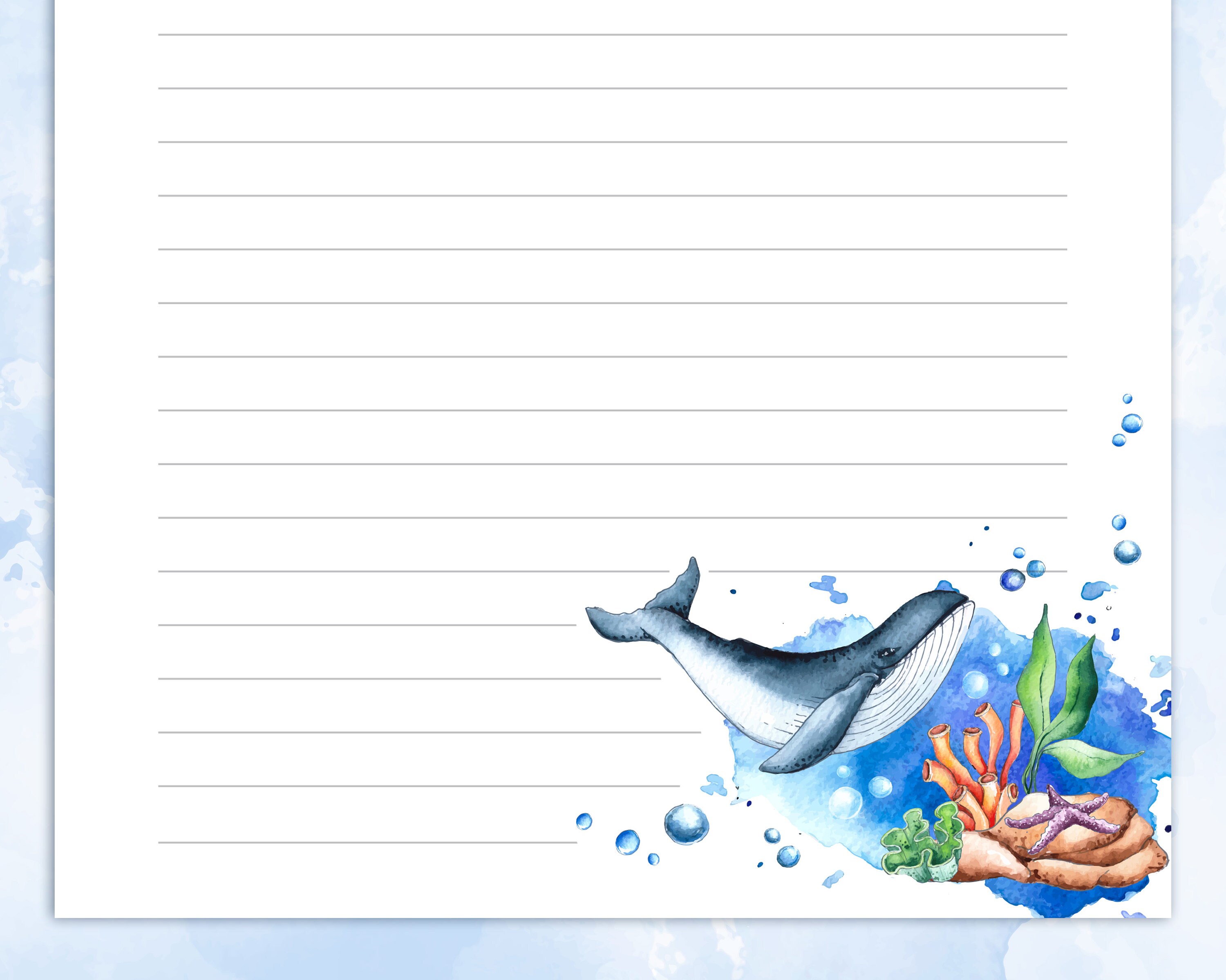 Printable Stationery Lined Paper With Watercolor World Oceans ...
