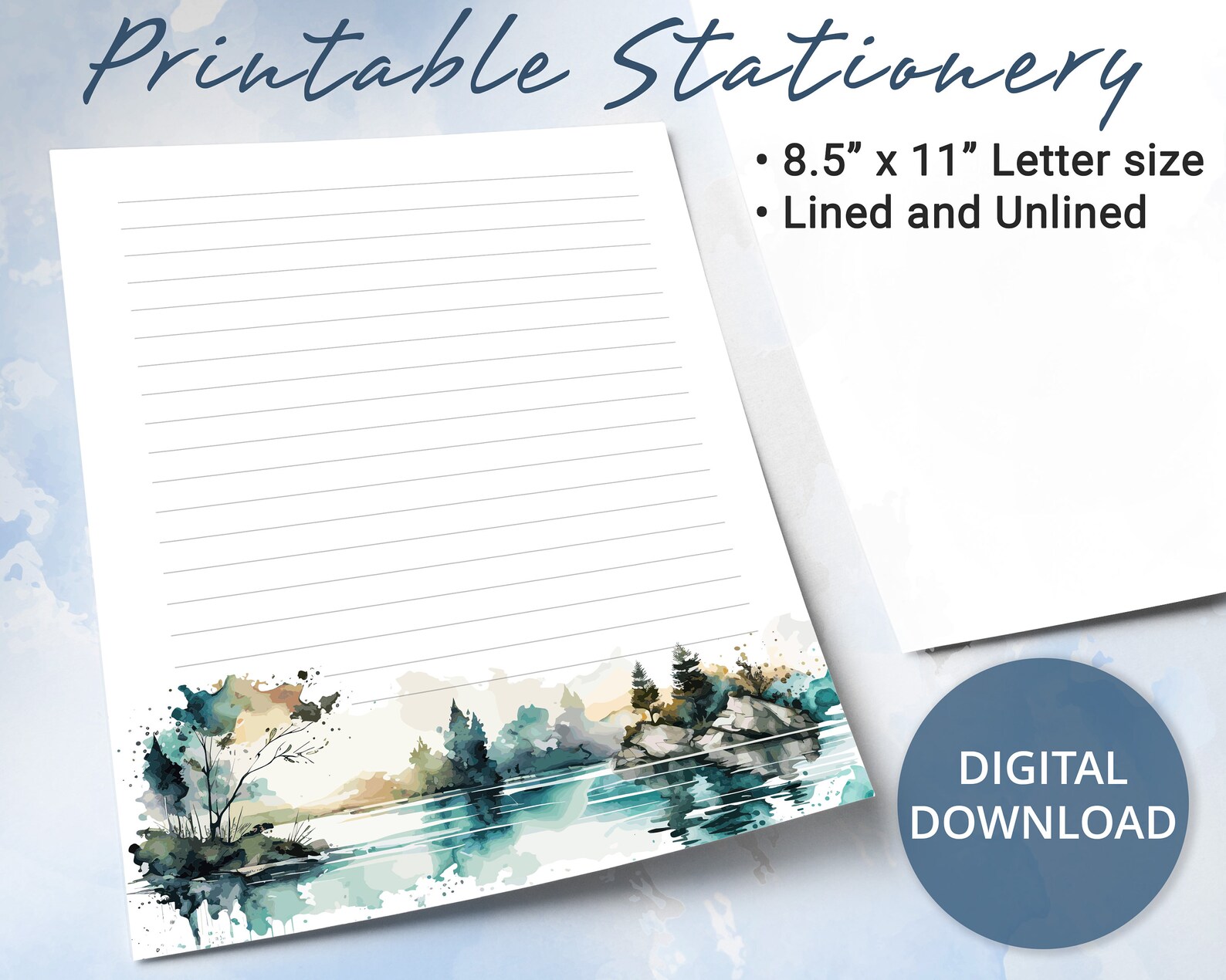 Printable Stationery Lined Paper With Mountain Landscape, Printable ...