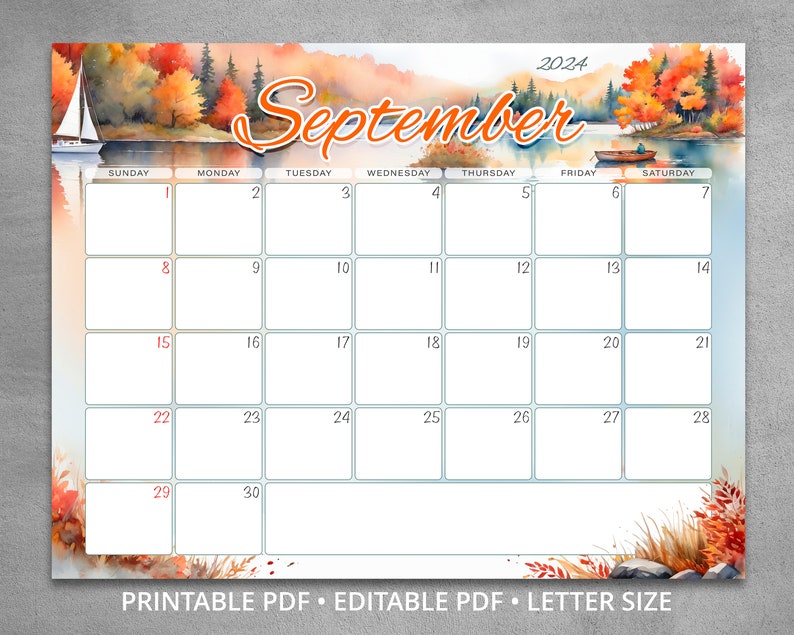Editable September 2024 calendar, Wall calendar with an autumn ...