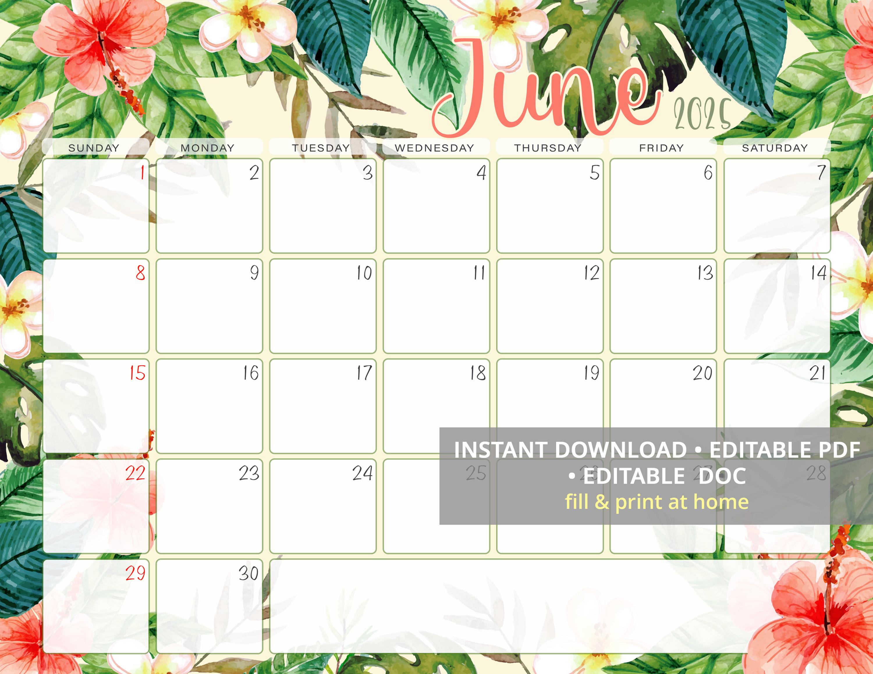 Editable June 2025 Calendar With Tropical Leaves and Monstera, Wall ...