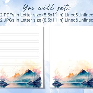 Printable Stationery Lined Paper With a Beautiful Watercolor Mountain ...