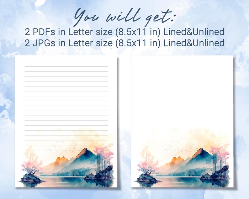 Printable Stationery Lined Paper With a Beautiful Watercolor Mountain ...