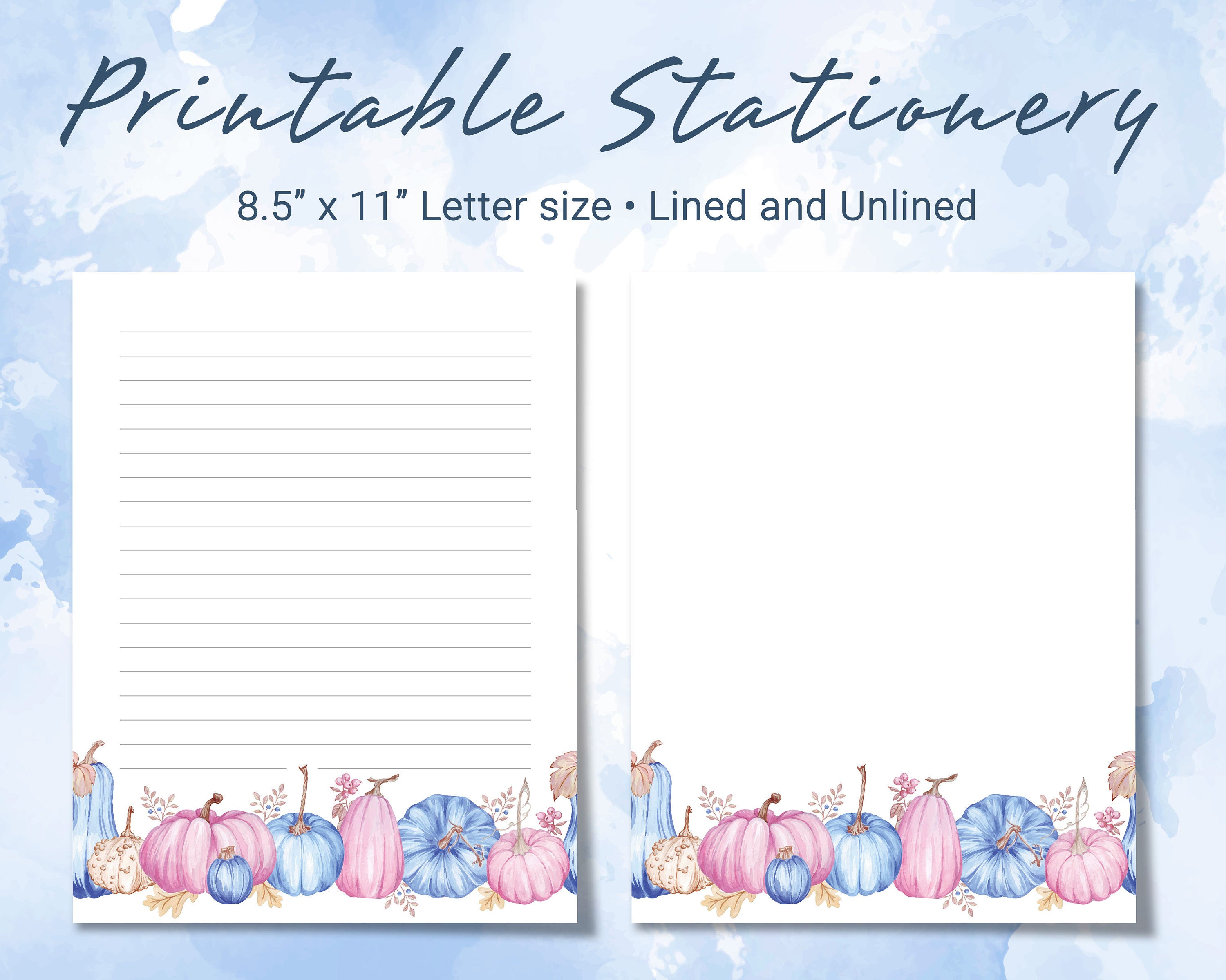 Thanksgiving Stationery, Pink & Blue Pumpkins, Letter Size (digital ...