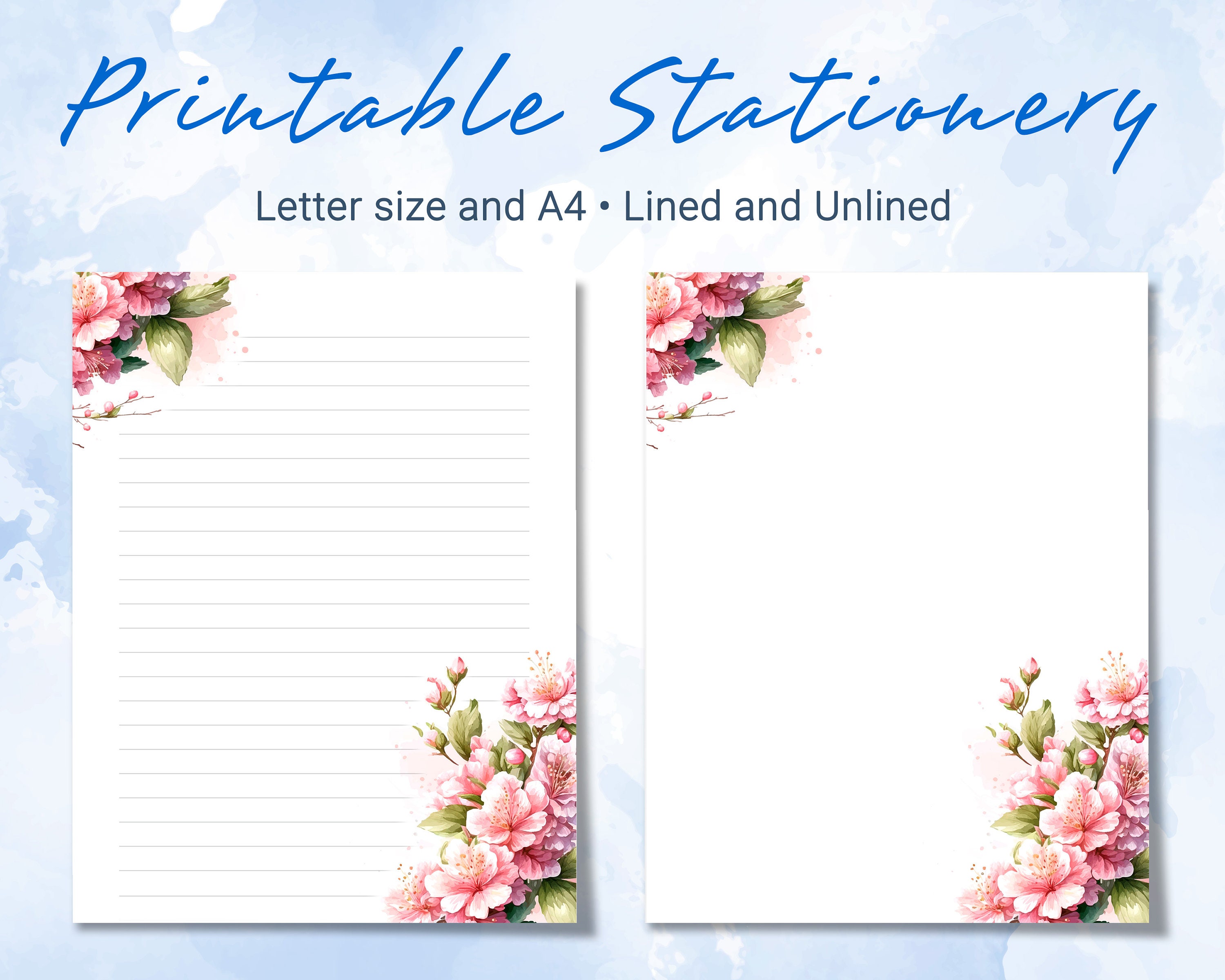 Printable Stationery With Cherry Blossom Flowers, A4 & US Letter Size ...