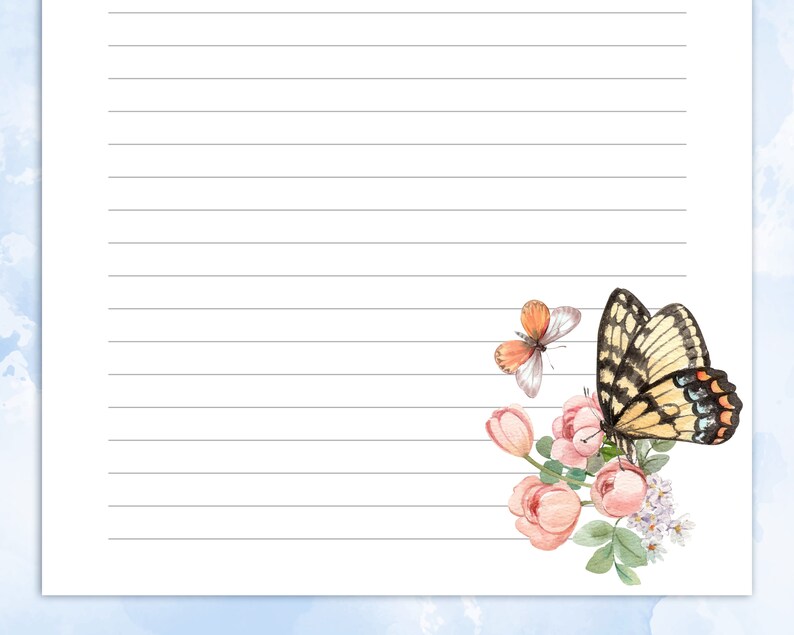 Butterfly Printable Stationery, Letter Writing Stationery, Lined and ...