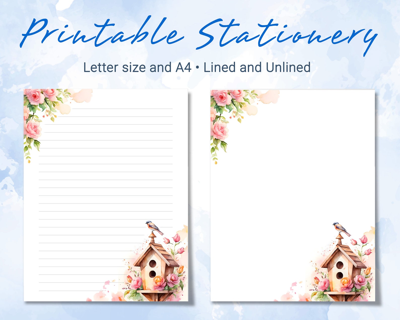 Printable Stationery Paper With Birdhouses and Birds, Spring Printable ...