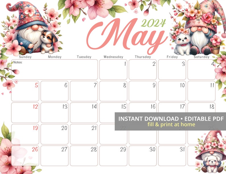 Editable May 2024 Calendar, Floral Printable Fillable Planner With Cute ...