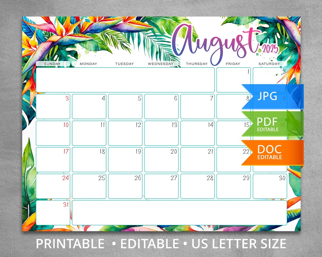 Editable August 2025 Calendar, Tropical Printable Planner, Bird of ...