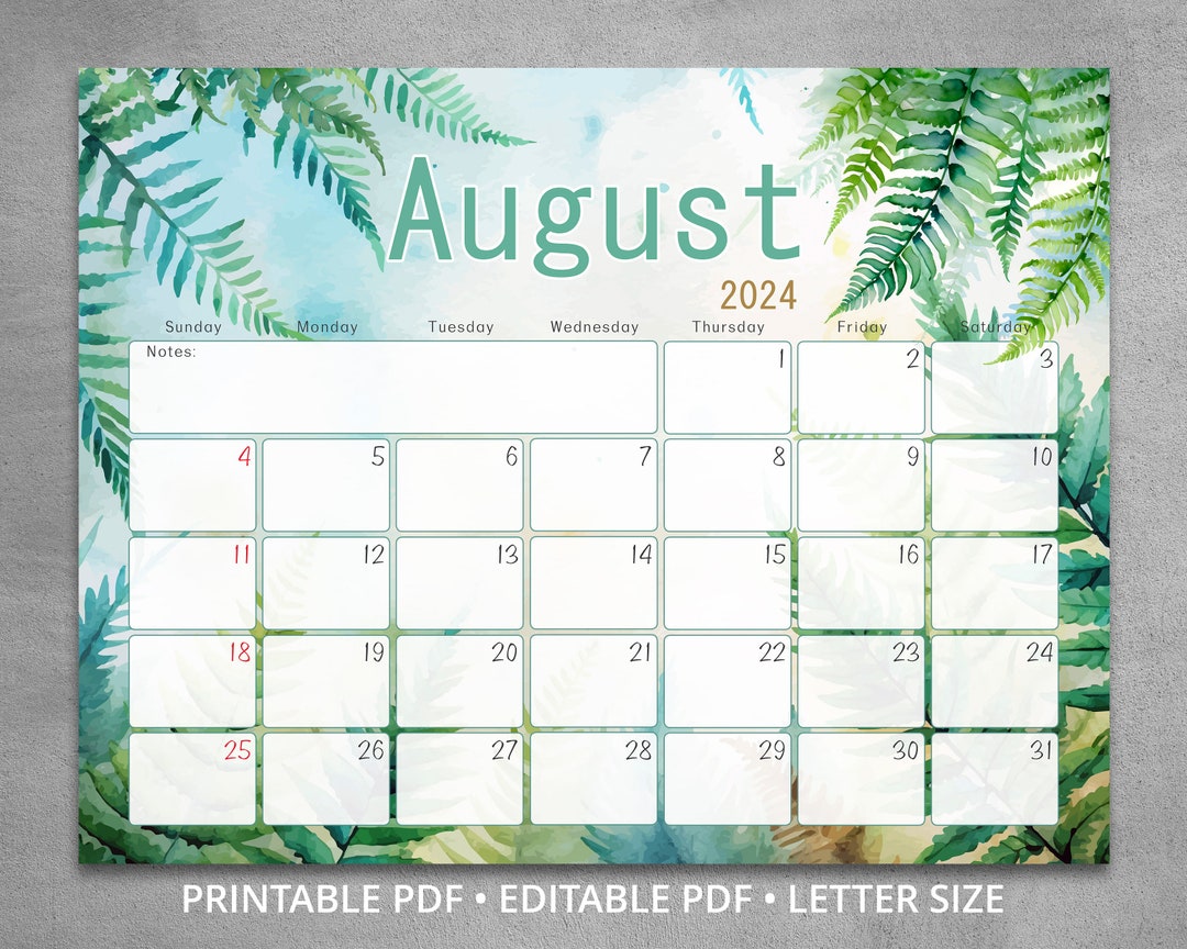 Calendario editable de agosto de 2024, Calendario de pared 2024 con ...