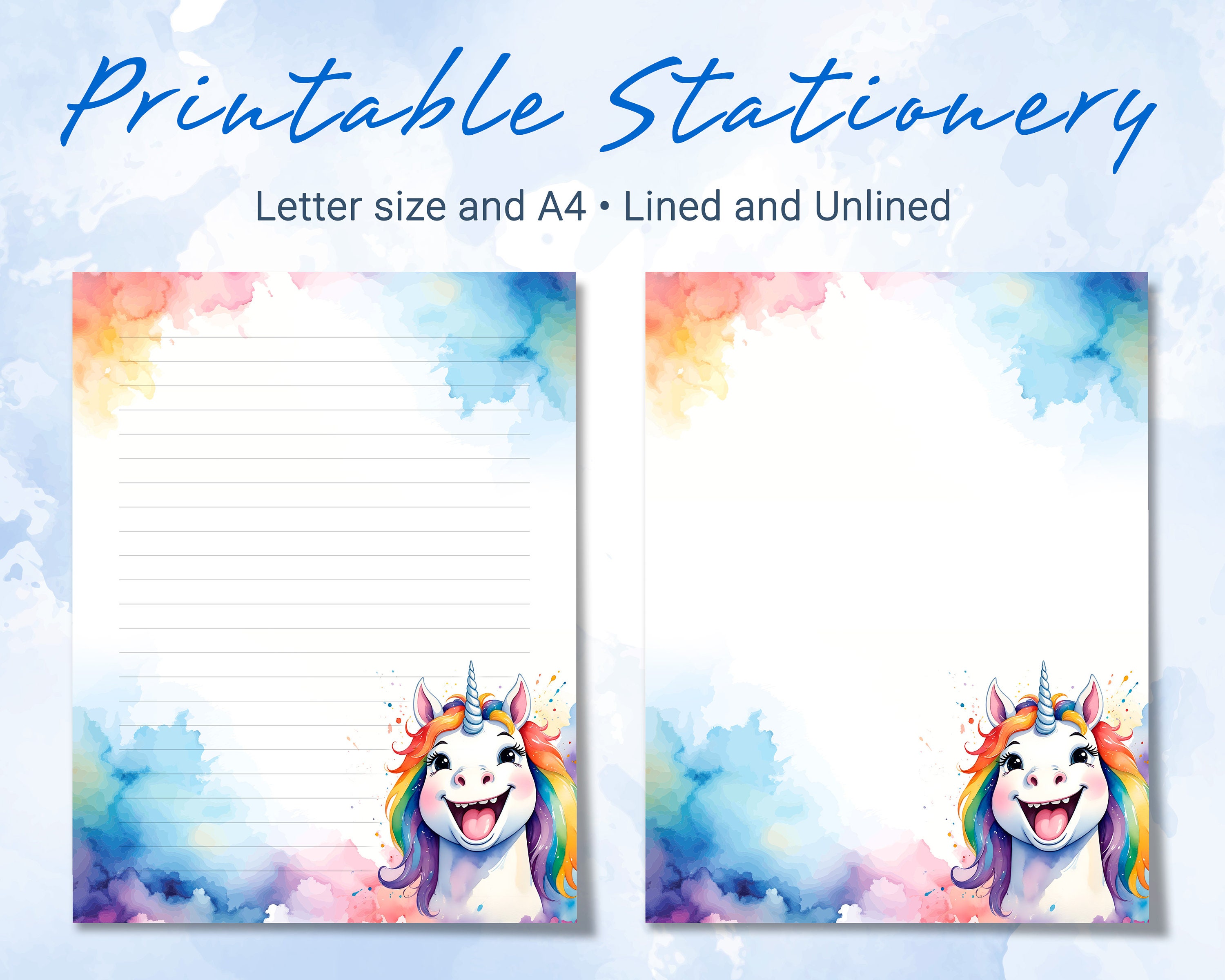 Unicorn Printable Stationery Lined Paper, Cute Letter Writing Paper, A4 ...