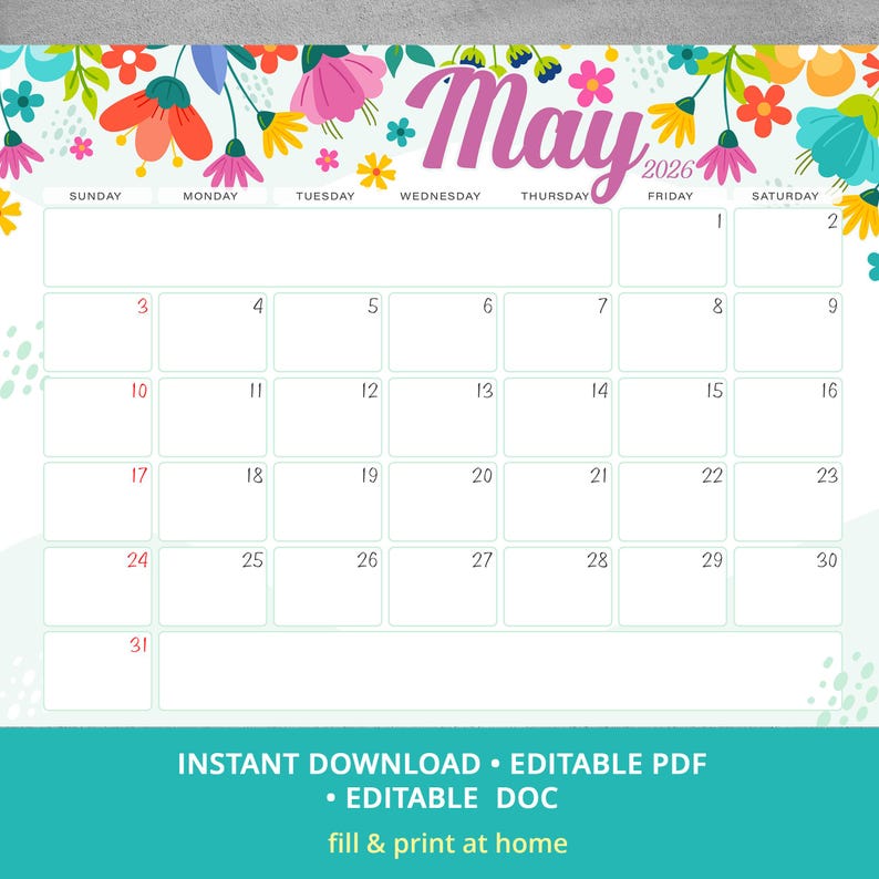 May 2026 Floral Calendar, Editable, Printable (PDF, DOC, PNG) - Etsy