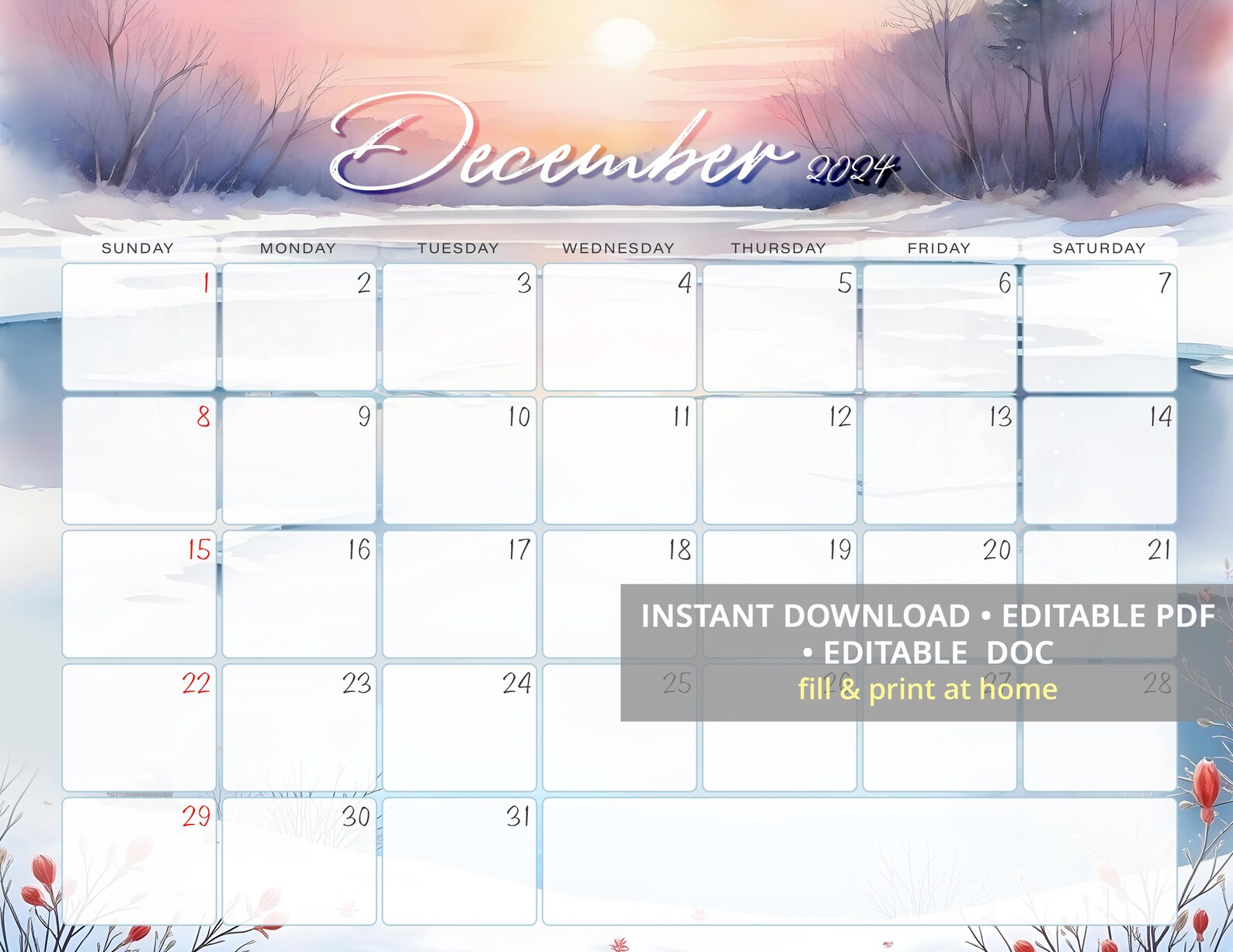 Editable December 2024 Calendar, Wall Calendar With Winter Landscape ...