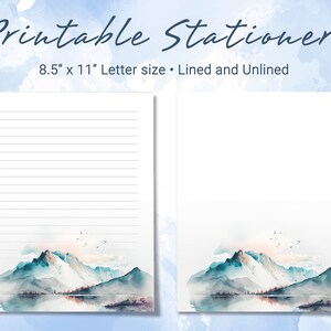 Printable Stationery Lined Paper With a Beautiful Watercolor Mountain ...