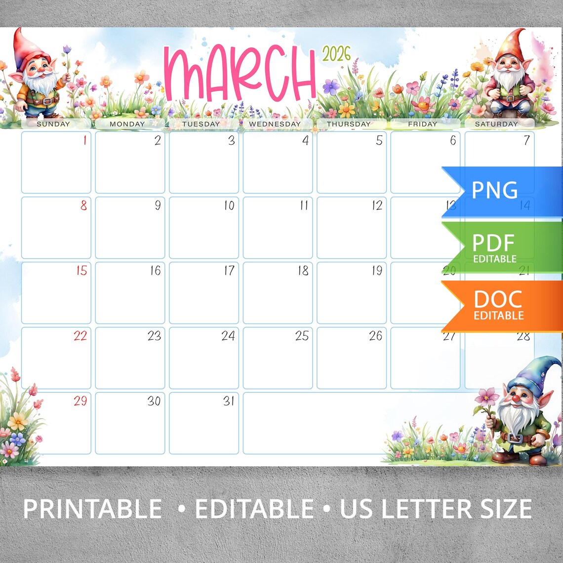 Editable March 2026 Gnome Calendar, Spring Monthly Planner, Fillable ...