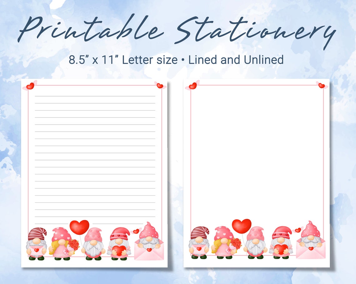 Printable Stationery Lined Paper With Valentine Gnome, Printable ...