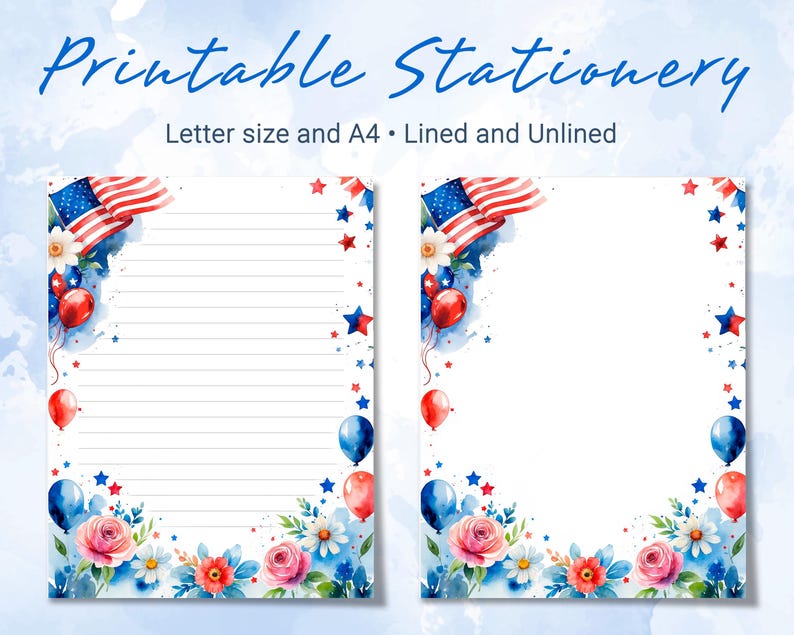 Patriotic Printable Stationery Lined Paper, 4th of July Writing Paper ...