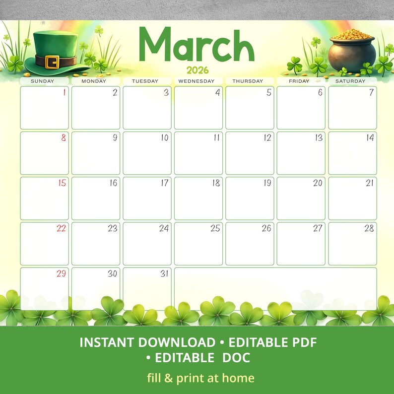 Editable March 2026 Calendar, St Patrick’s Day Shamrock Monthly Planner ...
