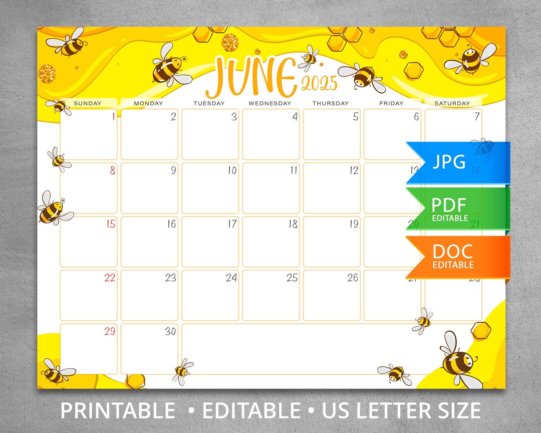 Editable June 2025 Calendar With Bees, Wall Calendar 2025, Fillable ...