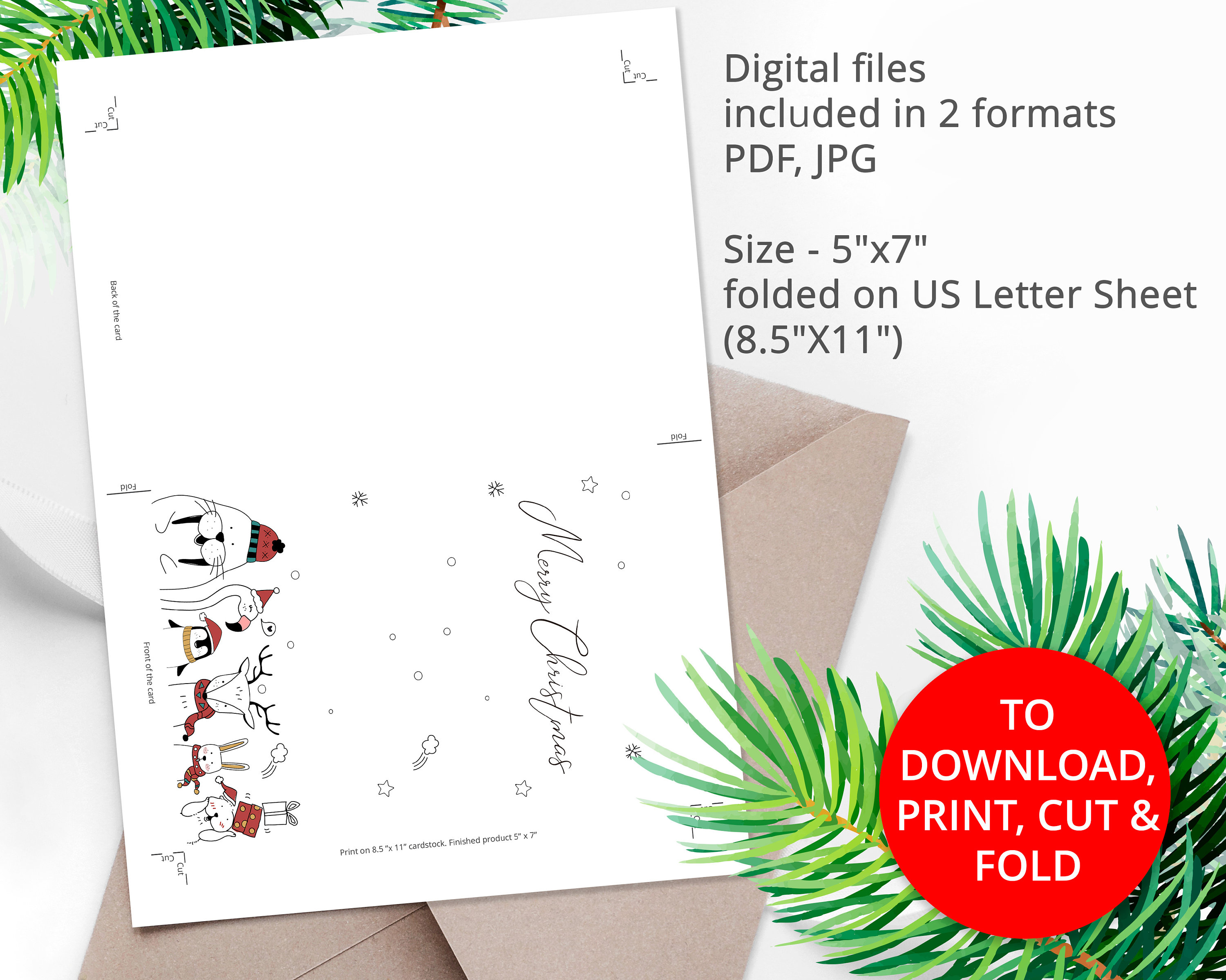Merry Christmas Printable Card Christmas Card With Cute - Etsy