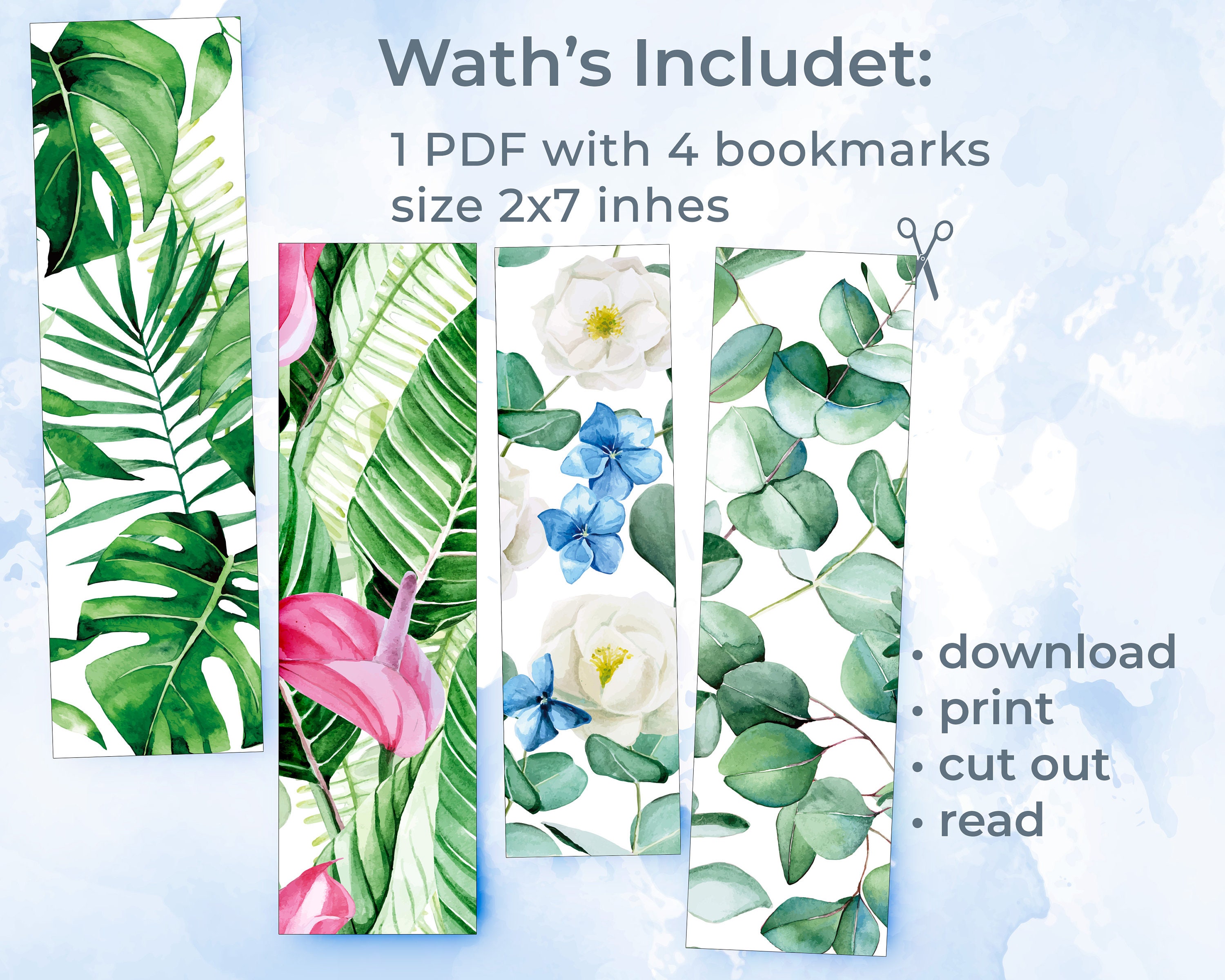 Printable Bookmarks, Botanical Bookmarks With Watercolor Leaves and ...