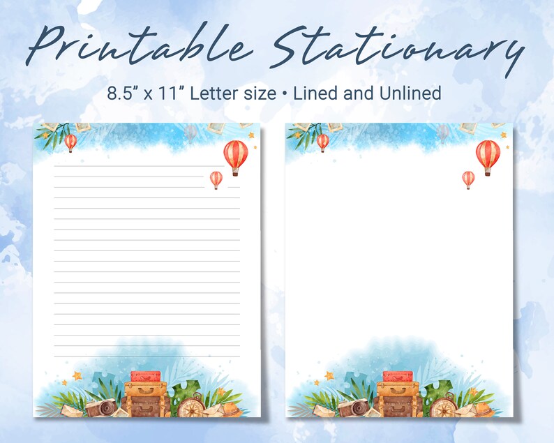 Travel Printable Stationery Lined Paper, Watercolor Travel Printable ...