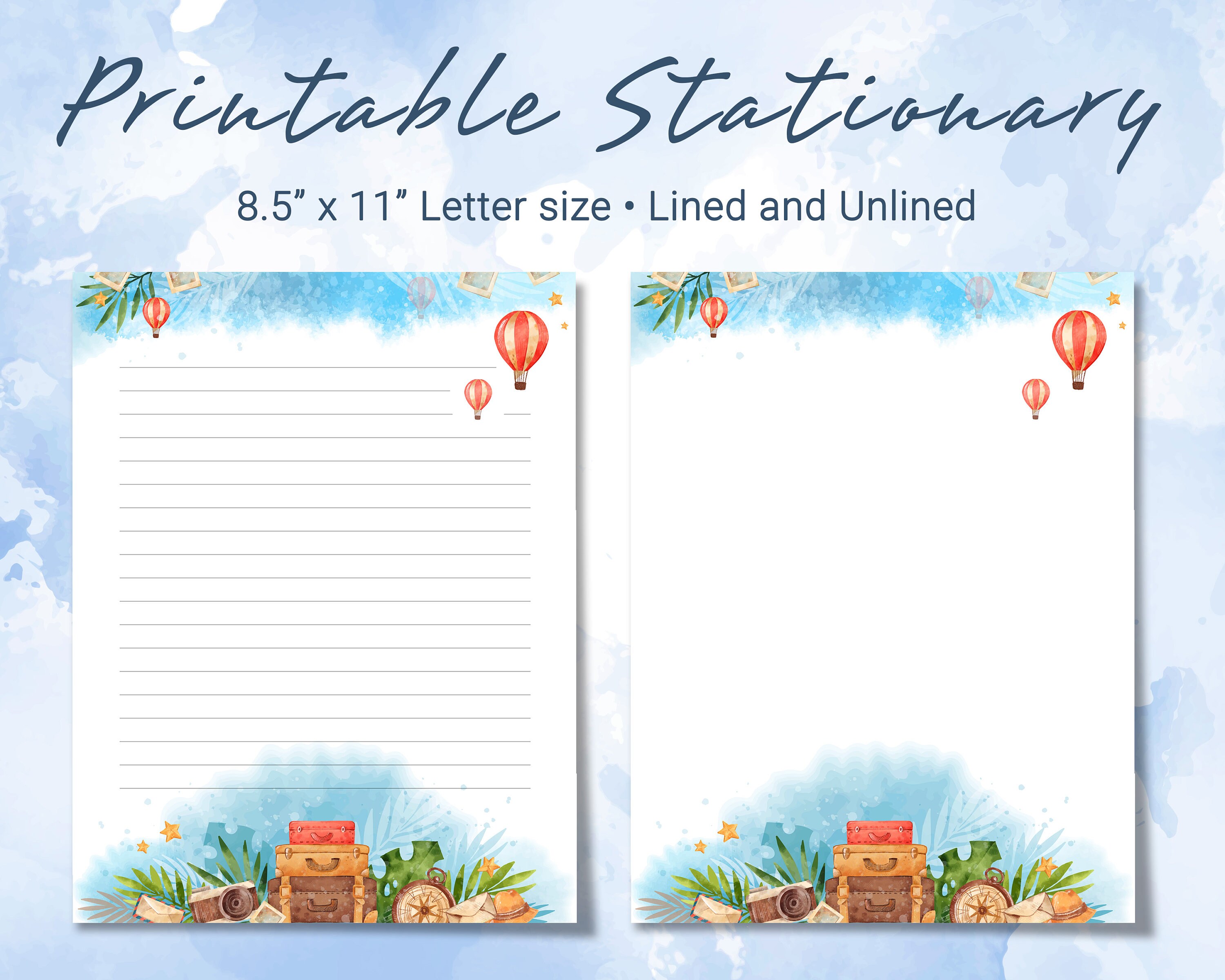 Travel Printable Stationery Lined Paper, Watercolor Travel Printable ...