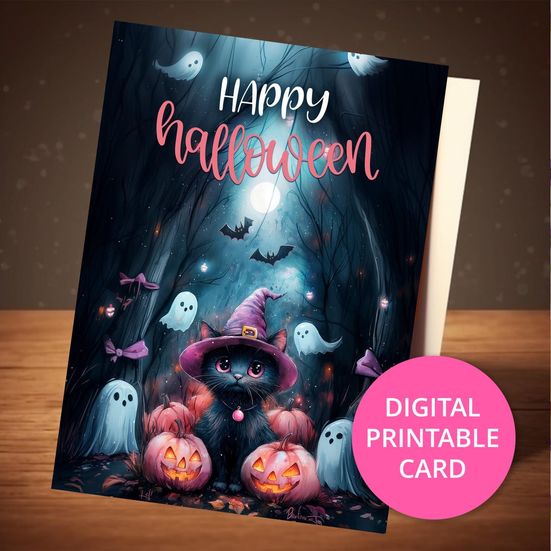 Pink Halloween Greeting Card, Printable Happy Card Halloween With Cute ...