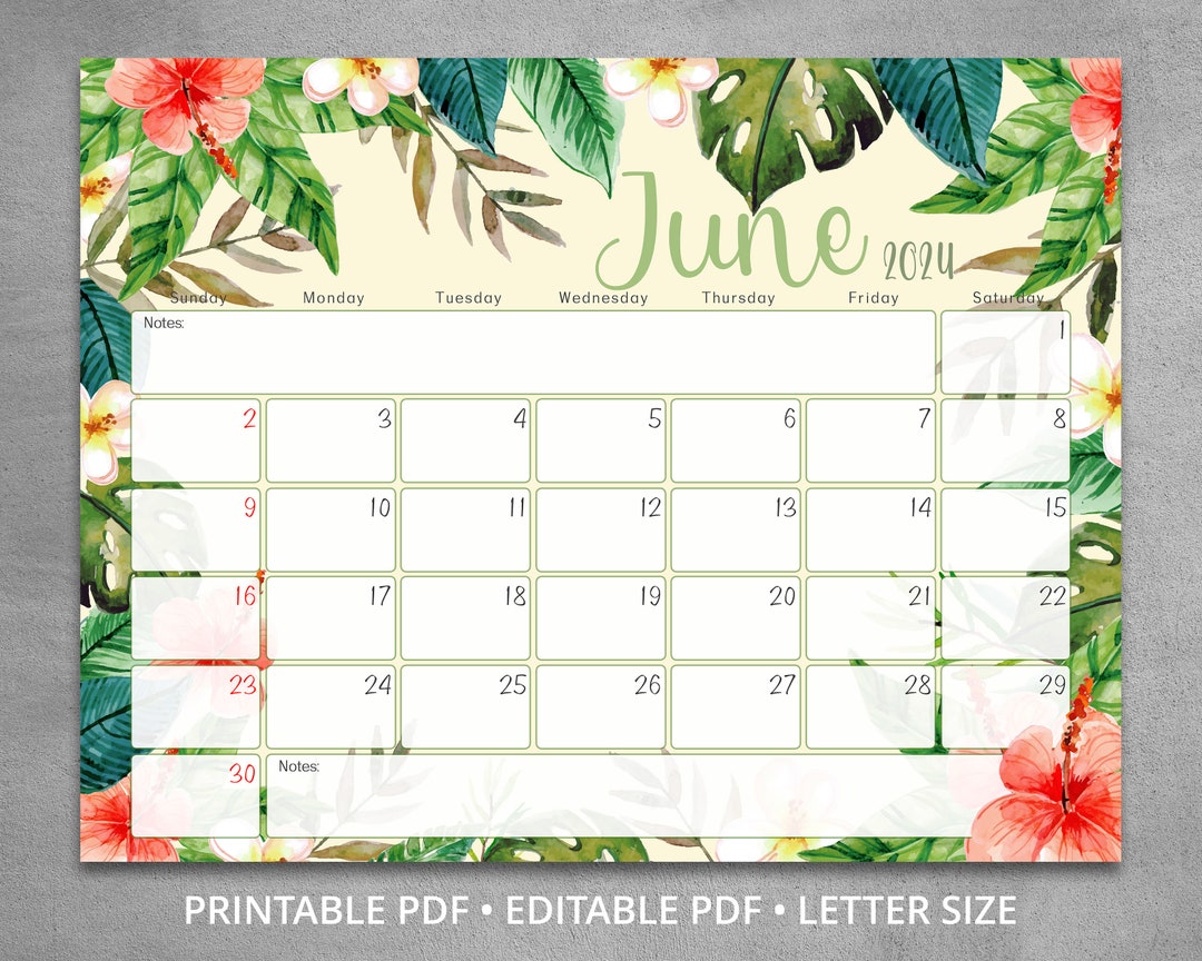Editable June 2024 Calendar With Tropical Leaves and Monstera, Wall ...