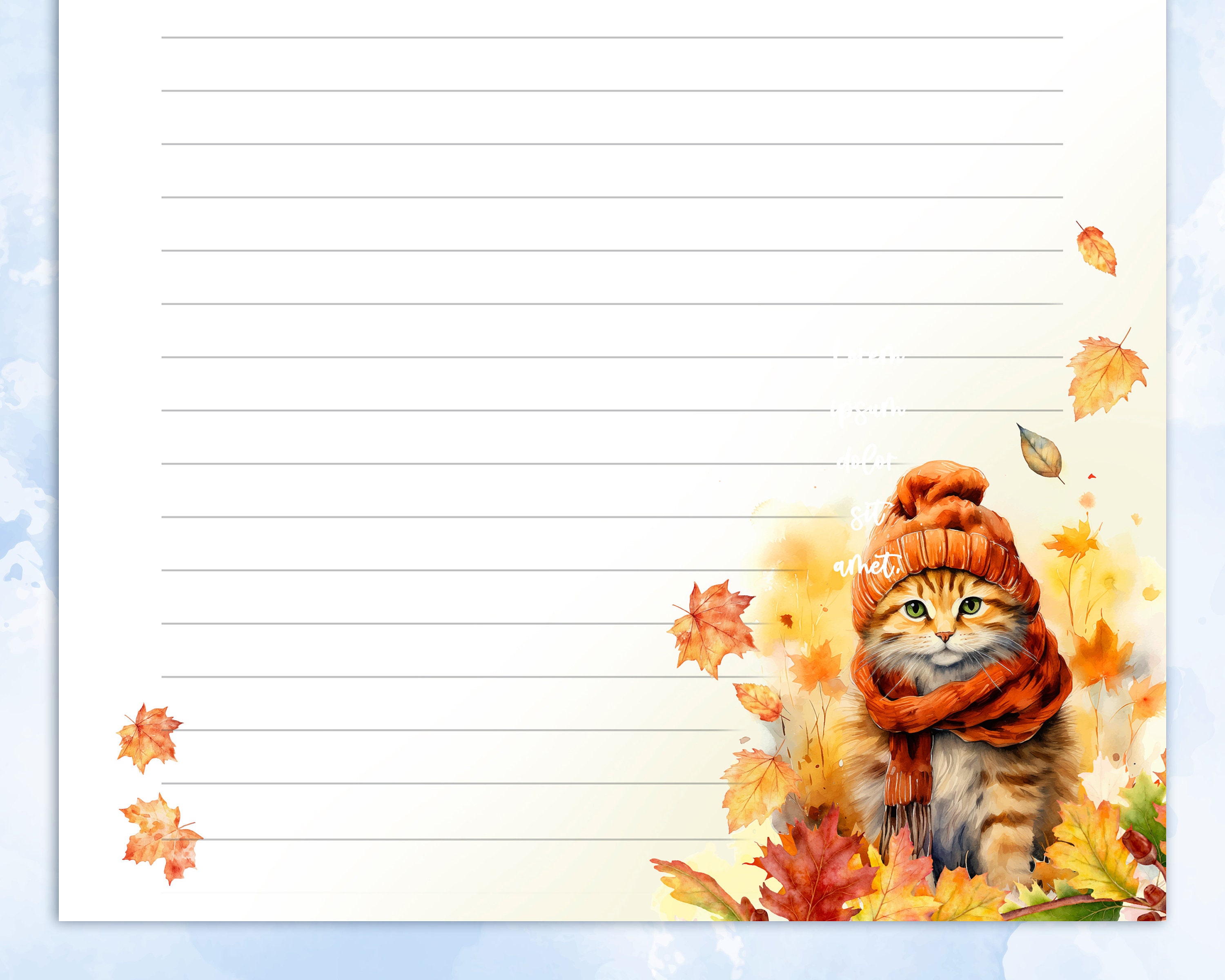 Autumn Printable Stationery, Printable Writing Paper With Cute Cat in ...