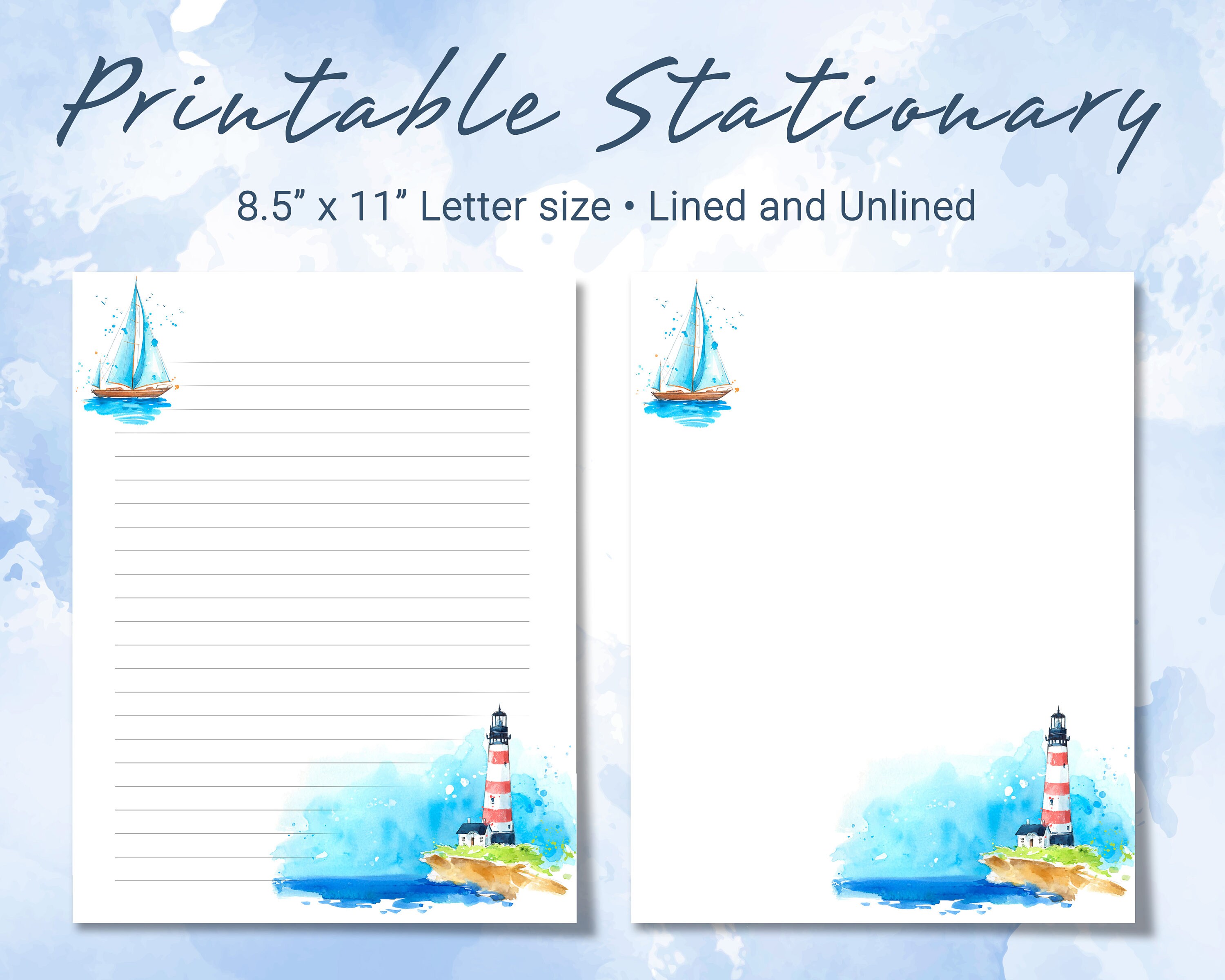 Printable Stationary, Watercolor Lighthouse at the Seaside Printable ...
