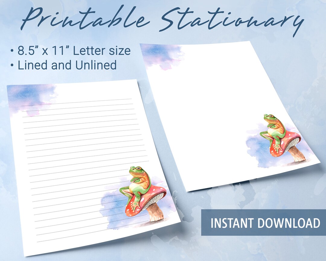 Printable Stationery Lined Paper, Watercolor Frog on Mushroom Printable ...